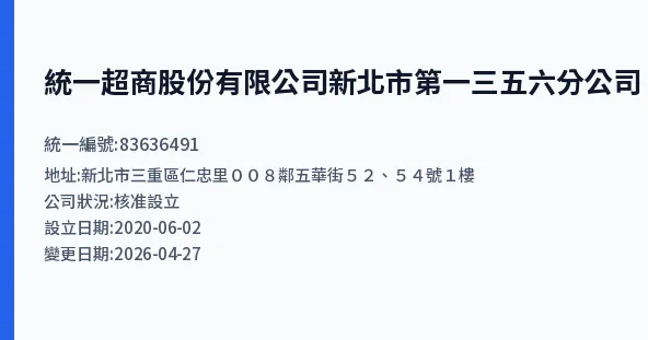 統一超商股份有限公司新北市第一三五六分公司的照片-統編 83636491(新北市) 公司登記資料與營業項目詳細圖表