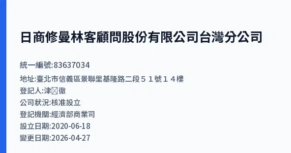 日商修曼林客顧問股份有限公司台灣分公司的照片-統編 83637034(臺北市) 公司登記資料與營業項目詳細圖表