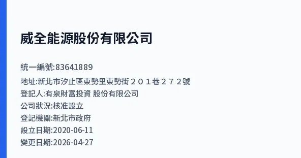 威全能源股份有限公司的照片-統編 83641889(新北市) 公司登記資料與營業項目詳細圖表