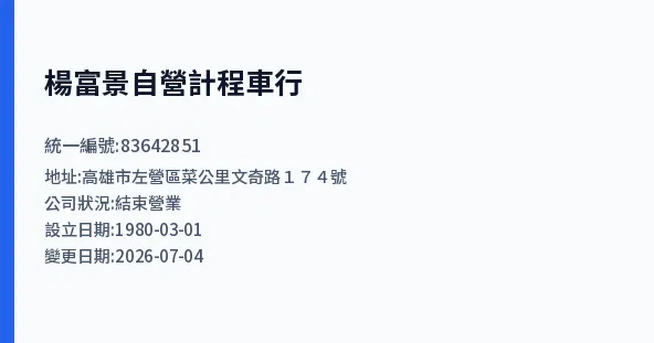 楊富景自營計程車行的照片-統編 83642851(高雄市) 公司登記資料與營業項目詳細圖表
