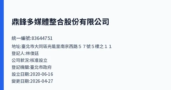 鼎鋒多媒體整合股份有限公司的照片-統編 83644751(臺北市) 公司登記資料與營業項目詳細圖表