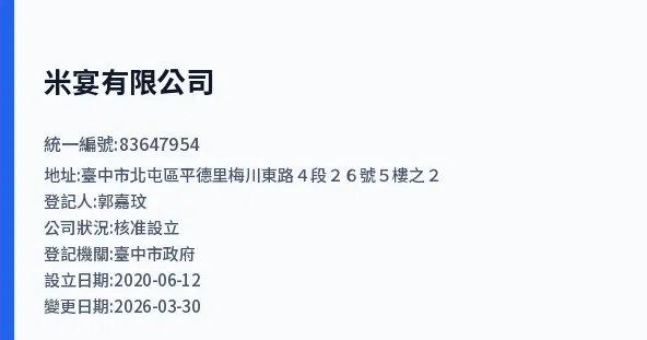 米宴有限公司的照片-統編 83647954(臺中市) 公司登記資料與營業項目詳細圖表