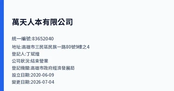 萬天人本有限公司的照片-統編 83652040(高雄市) 公司登記資料與營業項目詳細圖表