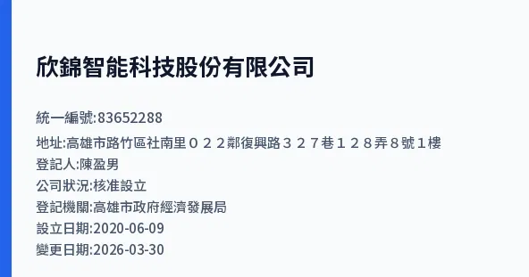 欣錦智能科技股份有限公司的照片-統編 83652288(高雄市) 公司登記資料與營業項目詳細圖表