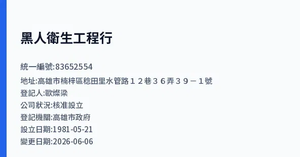 黑人衛生工程行的照片-統編 83652554(高雄市) 公司登記資料與營業項目詳細圖表