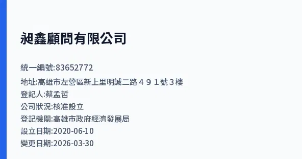昶鑫顧問有限公司的照片-統編 83652772(高雄市) 公司登記資料與營業項目詳細圖表