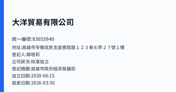 大洋貿易有限公司的照片-統編 83653940(高雄市) 公司登記資料與營業項目詳細圖表
