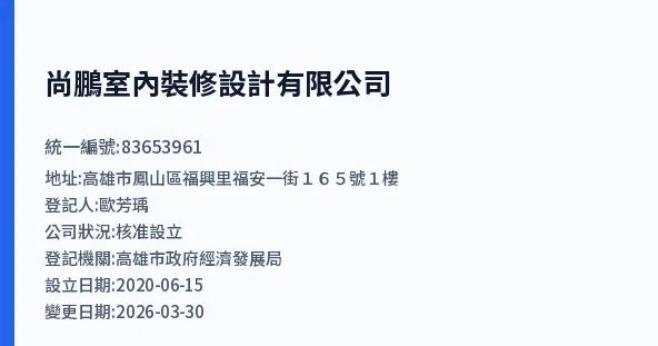 尚鵬室內裝修設計有限公司的照片-統編 83653961(高雄市) 公司登記資料與營業項目詳細圖表