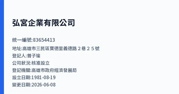 弘宮企業有限公司的照片-統編 83654413(高雄市) 公司登記資料與營業項目詳細圖表