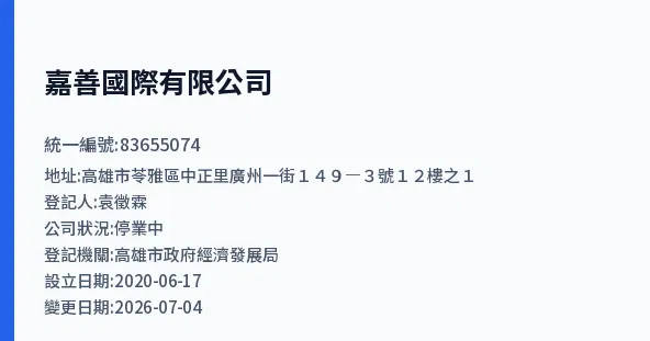 嘉善國際有限公司的照片-統編 83655074(高雄市) 公司登記資料與營業項目詳細圖表