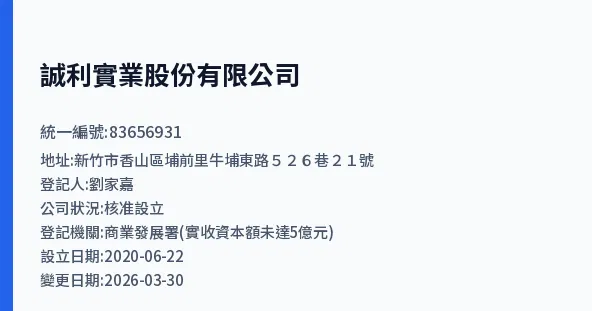誠利實業股份有限公司的照片-統編 83656931(新竹市) 公司登記資料與營業項目詳細圖表