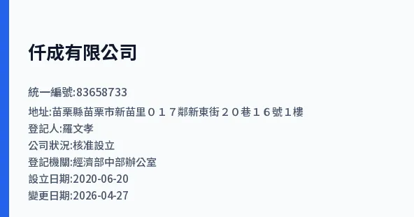 仟成有限公司的照片-統編 83658733(苗栗縣) 公司登記資料與營業項目詳細圖表
