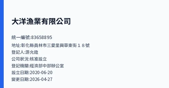 大洋漁業有限公司的照片-統編 83658895(彰化縣) 公司登記資料與營業項目詳細圖表