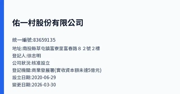 佑一村股份有限公司的照片-統編 83659135(南投縣) 公司登記資料與營業項目詳細圖表