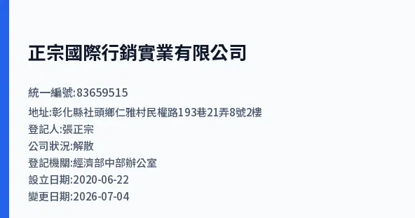 正宗國際行銷實業有限公司的照片-統編 83659515(彰化縣) 公司登記資料與營業項目詳細圖表