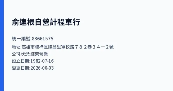 俞連根自營計程車行的照片-統編 83661575(高雄市) 公司登記資料與營業項目詳細圖表