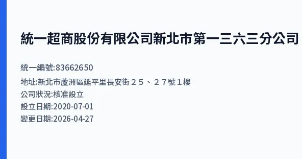 統一超商股份有限公司新北市第一三六三分公司的照片-統編 83662650(新北市) 公司登記資料與營業項目詳細圖表