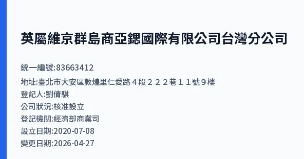 英屬維京群島商亞鍶國際有限公司台灣分公司的照片-統編 83663412(臺北市) 公司登記資料與營業項目詳細圖表