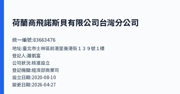 荷蘭商飛諾斯貝有限公司台灣分公司的照片-統編 83663476(臺北市) 公司登記資料與營業項目詳細圖表