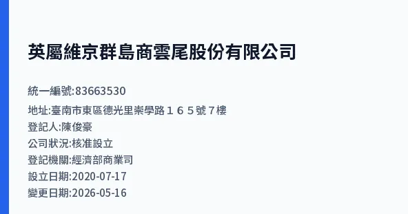 英屬維京群島商雲尾股份有限公司的照片-統編 83663530(臺南市) 公司登記資料與營業項目詳細圖表