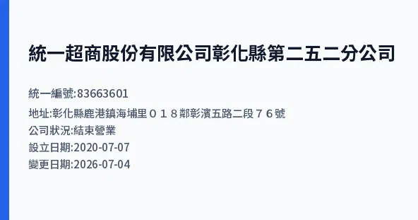 統一超商股份有限公司彰化縣第二五二分公司的照片-統編 83663601(彰化縣) 公司登記資料與營業項目詳細圖表