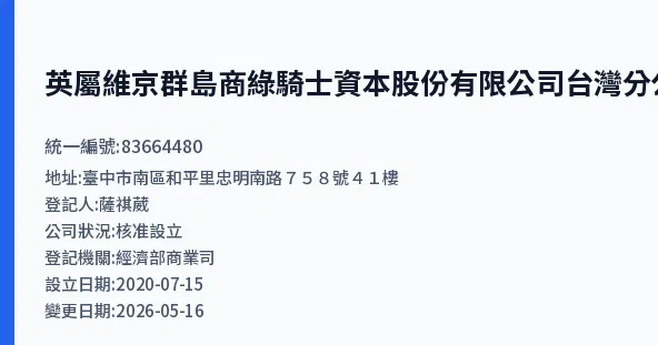 英屬維京群島商綠騎士資本股份有限公司台灣分公司的照片-統編 83664480(臺中市) 公司登記資料與營業項目詳細圖表