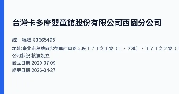 台灣卡多摩嬰童館股份有限公司西園分公司的照片-統編 83665495(臺北市) 公司登記資料與營業項目詳細圖表