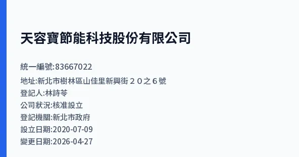天容寶節能科技股份有限公司的照片-統編 83667022(新北市) 公司登記資料與營業項目詳細圖表