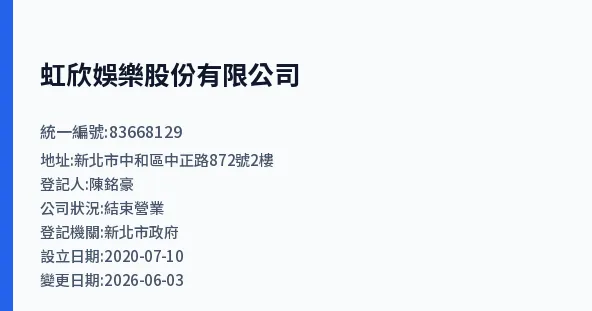 虹欣娛樂股份有限公司的照片-統編 83668129(新北市) 公司登記資料與營業項目詳細圖表