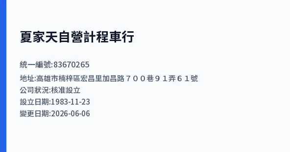夏家天自營計程車行的照片-統編 83670265(高雄市) 公司登記資料與營業項目詳細圖表