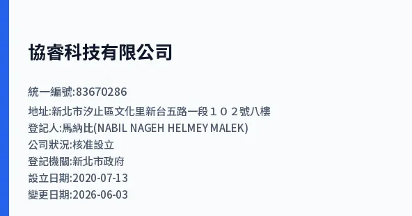 協睿科技有限公司的照片-統編 83670286(新北市) 公司登記資料與營業項目詳細圖表