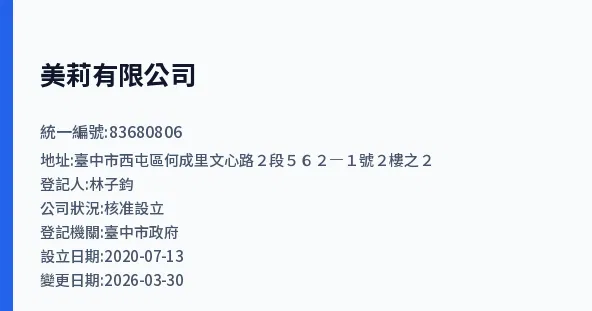 美莉有限公司的照片-統編 83680806(臺中市) 公司登記資料與營業項目詳細圖表
