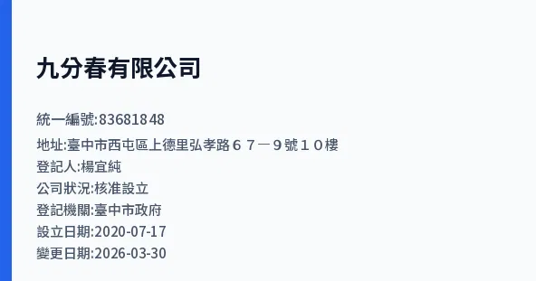 九分春有限公司的照片-統編 83681848(臺中市) 公司登記資料與營業項目詳細圖表
