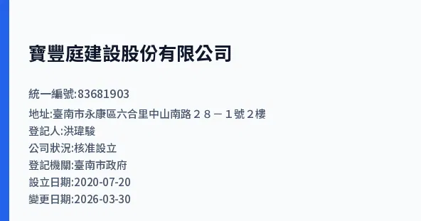 寶豐庭建設股份有限公司的照片-統編 83681903(臺南市) 公司登記資料與營業項目詳細圖表