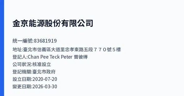金京能源股份有限公司的照片-統編 83681919(臺北市) 公司登記資料與營業項目詳細圖表