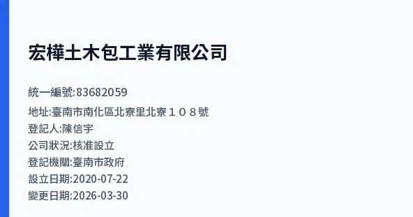 宏樺土木包工業有限公司的照片-統編 83682059(臺南市) 公司登記資料與營業項目詳細圖表