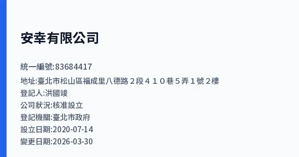 安幸有限公司的照片-統編 83684417(臺北市) 公司登記資料與營業項目詳細圖表