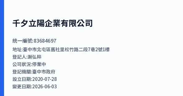 千夕立陽企業有限公司的照片-統編 83684697(臺中市) 公司登記資料與營業項目詳細圖表