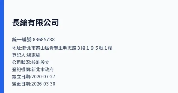 長綸有限公司的照片-統編 83685788(新北市) 公司登記資料與營業項目詳細圖表
