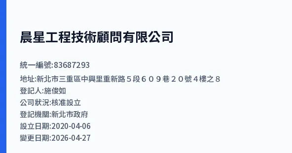 晨星工程技術顧問有限公司的照片-統編 83687293(新北市) 公司登記資料與營業項目詳細圖表