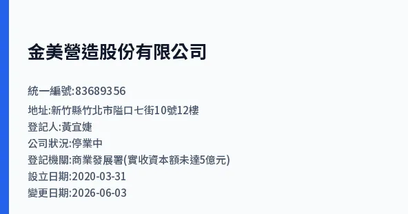 金美營造股份有限公司的照片-統編 83689356(新竹縣) 公司登記資料與營業項目詳細圖表