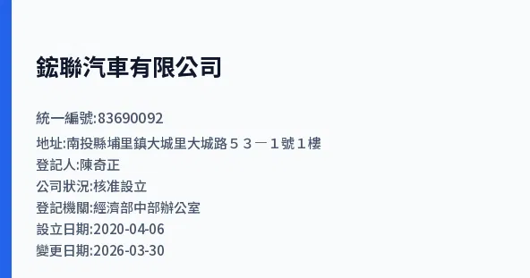 鋐聯汽車有限公司的照片-統編 83690092(南投縣) 公司登記資料與營業項目詳細圖表