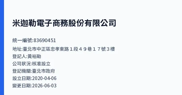 米迦勒電子商務股份有限公司的照片-統編 83690451(臺北市) 公司登記資料與營業項目詳細圖表