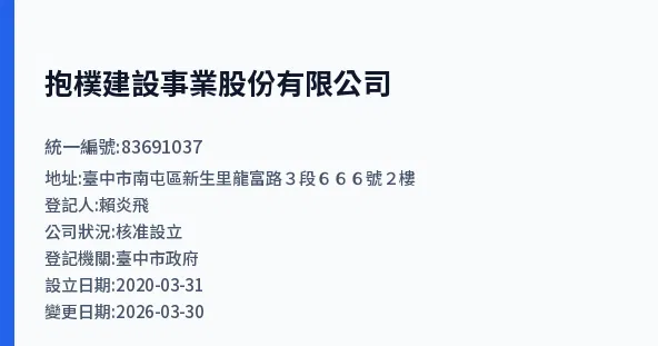 抱樸建設事業股份有限公司的照片-統編 83691037(臺中市) 公司登記資料與營業項目詳細圖表