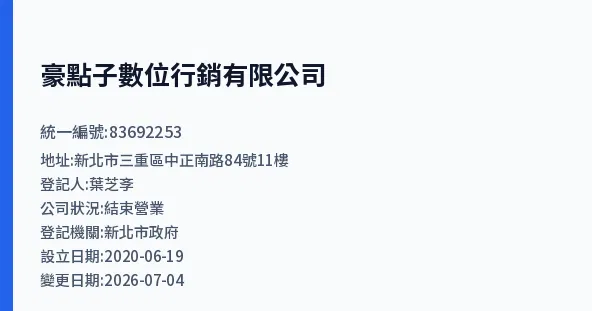 豪點子數位行銷有限公司的照片-統編 83692253(新北市) 公司登記資料與營業項目詳細圖表