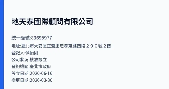 地天泰國際顧問有限公司的照片-統編 83695977(臺北市) 公司登記資料與營業項目詳細圖表