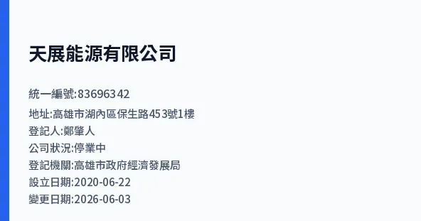 天展能源有限公司的照片-統編 83696342(高雄市) 公司登記資料與營業項目詳細圖表