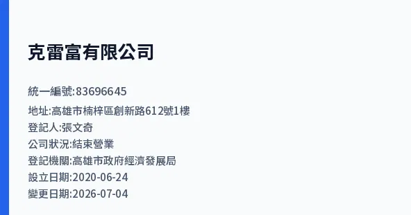 克雷富有限公司的照片-統編 83696645(高雄市) 公司登記資料與營業項目詳細圖表