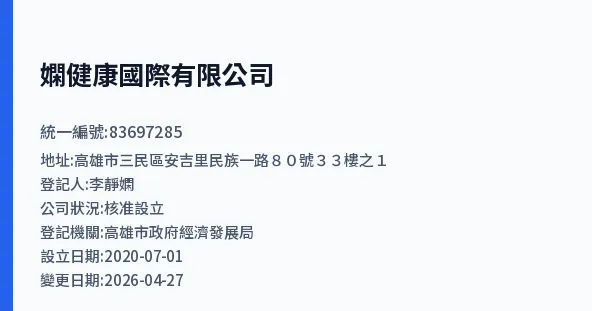 嫻健康國際有限公司的照片-統編 83697285(高雄市) 公司登記資料與營業項目詳細圖表