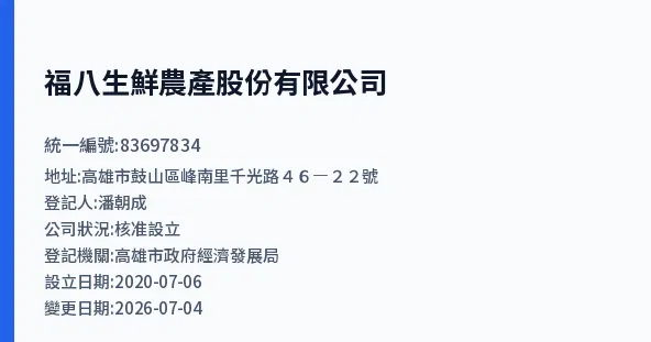 福八生鮮農產股份有限公司的照片-統編 83697834(高雄市) 公司登記資料與營業項目詳細圖表